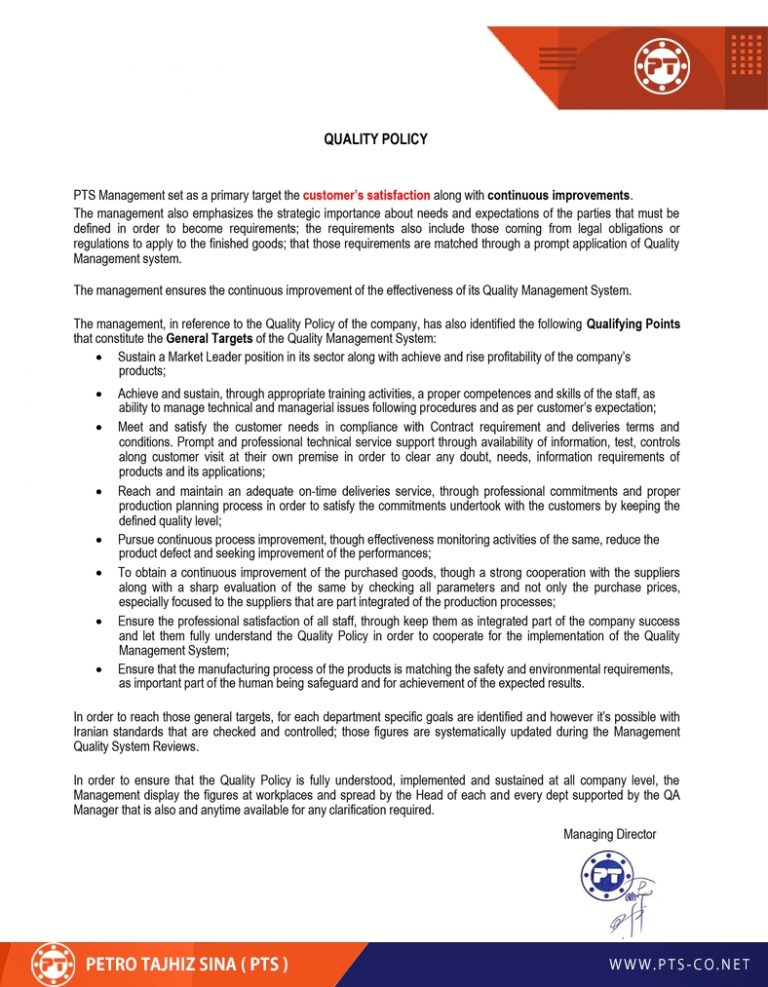 Quality Policy – PTS – Petro Tajhiz Sina Co.